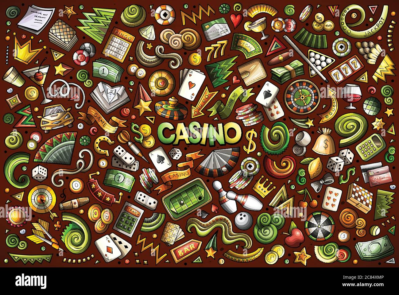 Colorful vector doodle cartoon set of Casino objects and symbols Stock ...