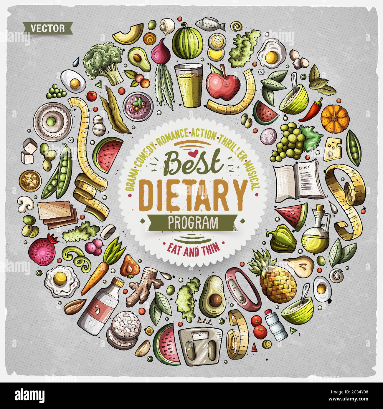 Set of vector cartoon doodle Diet food objects collected in a round ...