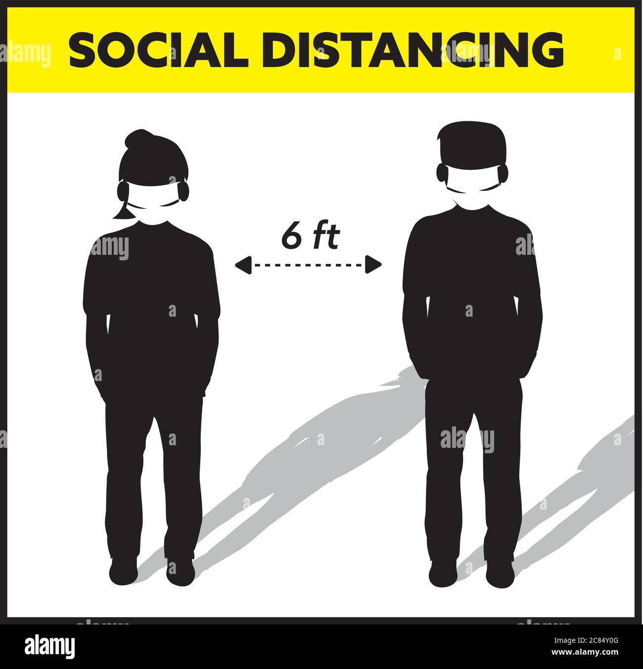 social distancing 6 feet male and female wearing face mask sign Stock ...