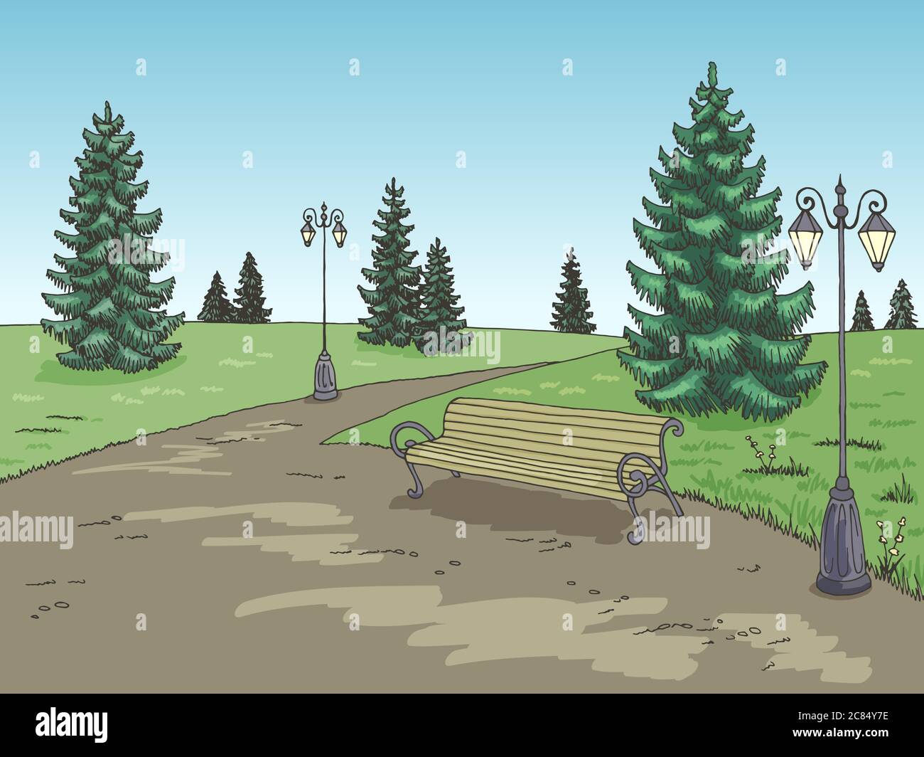 Park graphic color bench lamp landscape sketch illustration vector ...