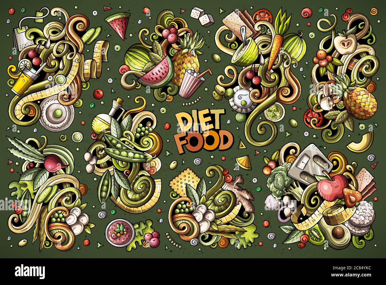 Vector doodles cartoon set of Diet food combinations of objects and ...