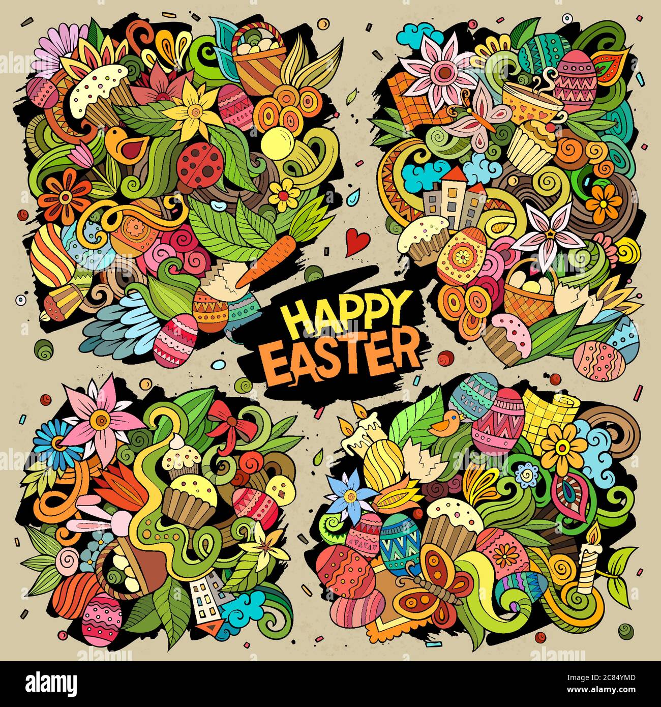 Vector doodles cartoon set of Happy Easter combinations of objects ...