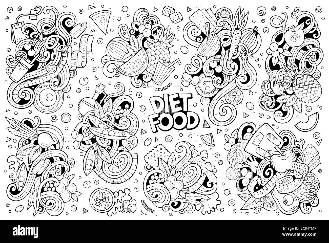 Vector doodles cartoon set of Diet food combinations of objects and ...