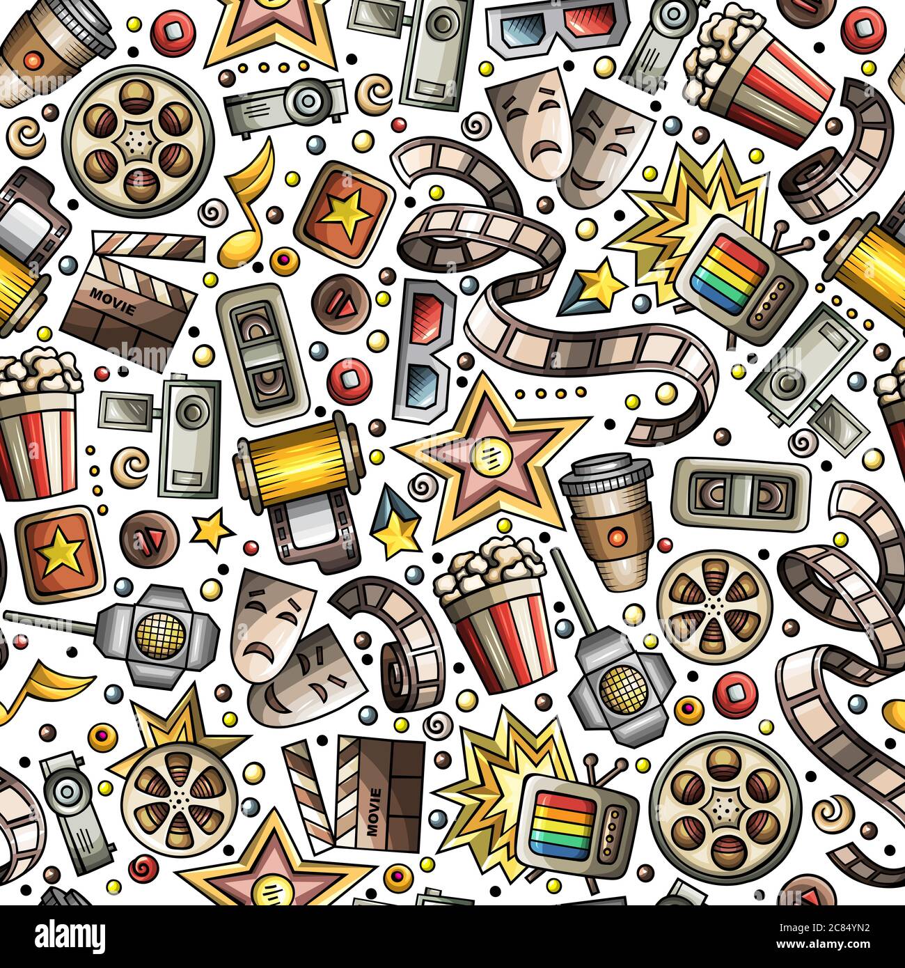 Cartoon cute hand drawn Cinema seamless pattern Stock Vector Image ...