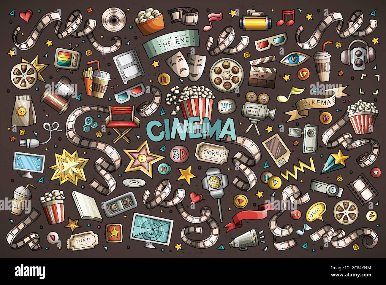 Colorful vector hand drawn Cinema Doodle cartoon set of objects Stock ...