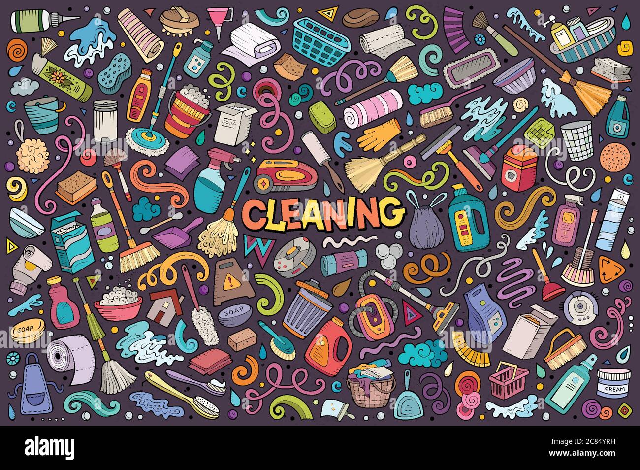 Colorful vector doodle cartoon set of Cleaning objects and symbols ...