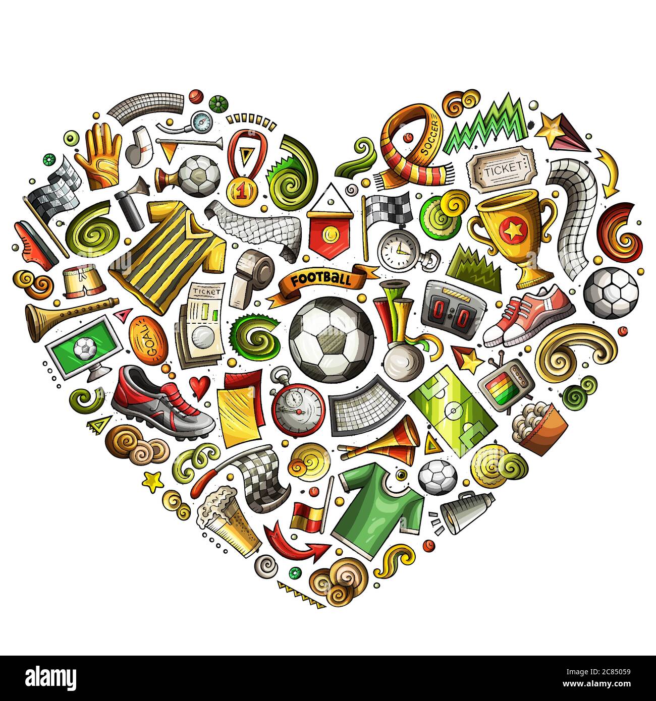 Set of vector cartoon doodle Football objects collected in a heart ...
