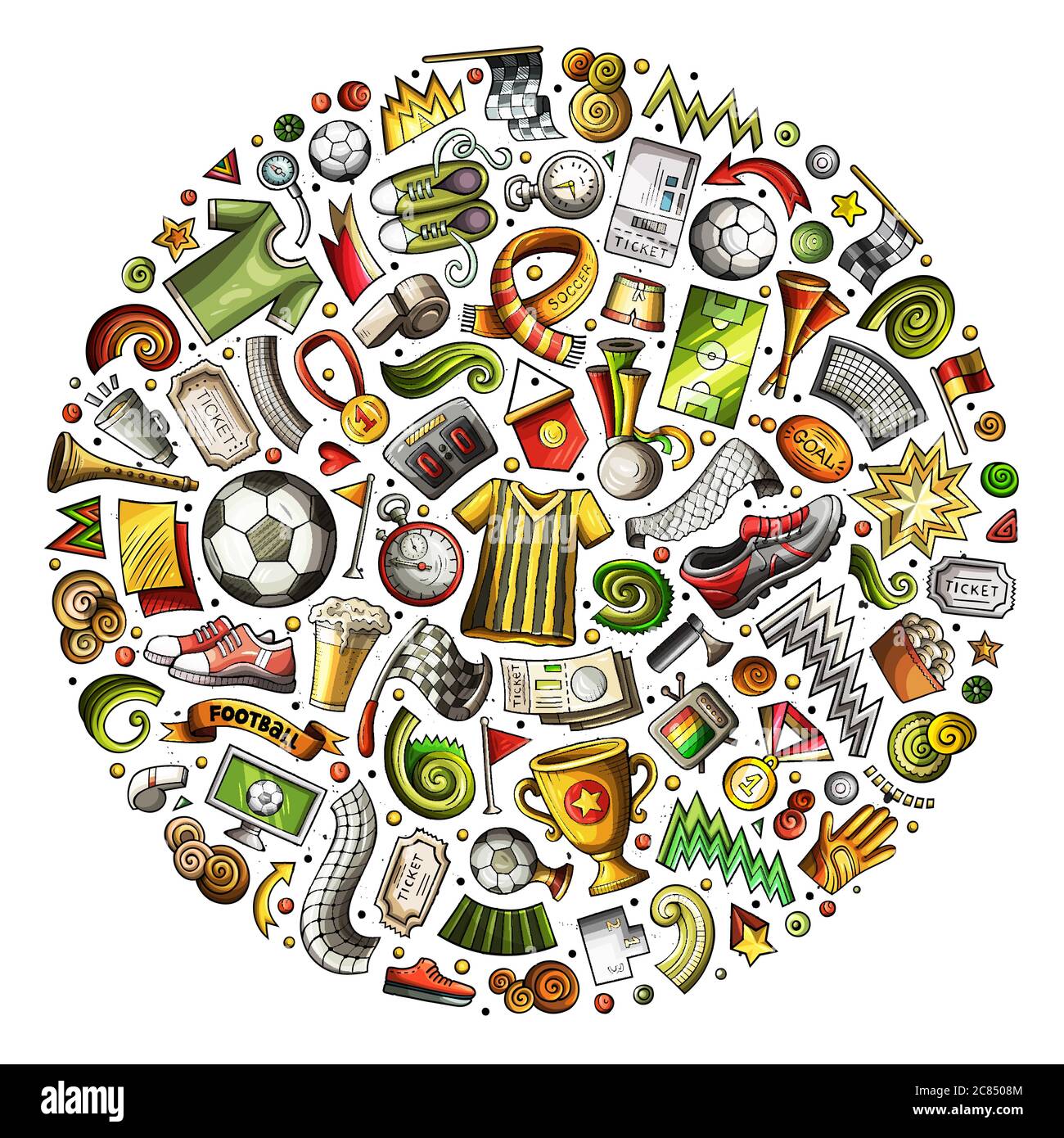 Set of vector cartoon doodle Football objects collected in a circle ...