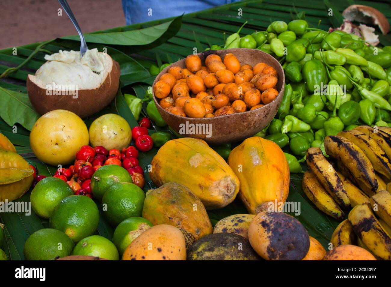 An arrangement of assorted tropical fruits on a market stall in Alter ...