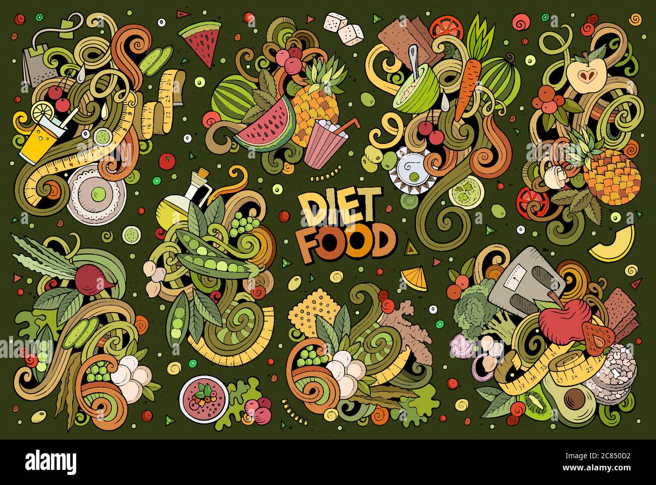 Vector doodles cartoon set of Diet food combinations of objects and ...