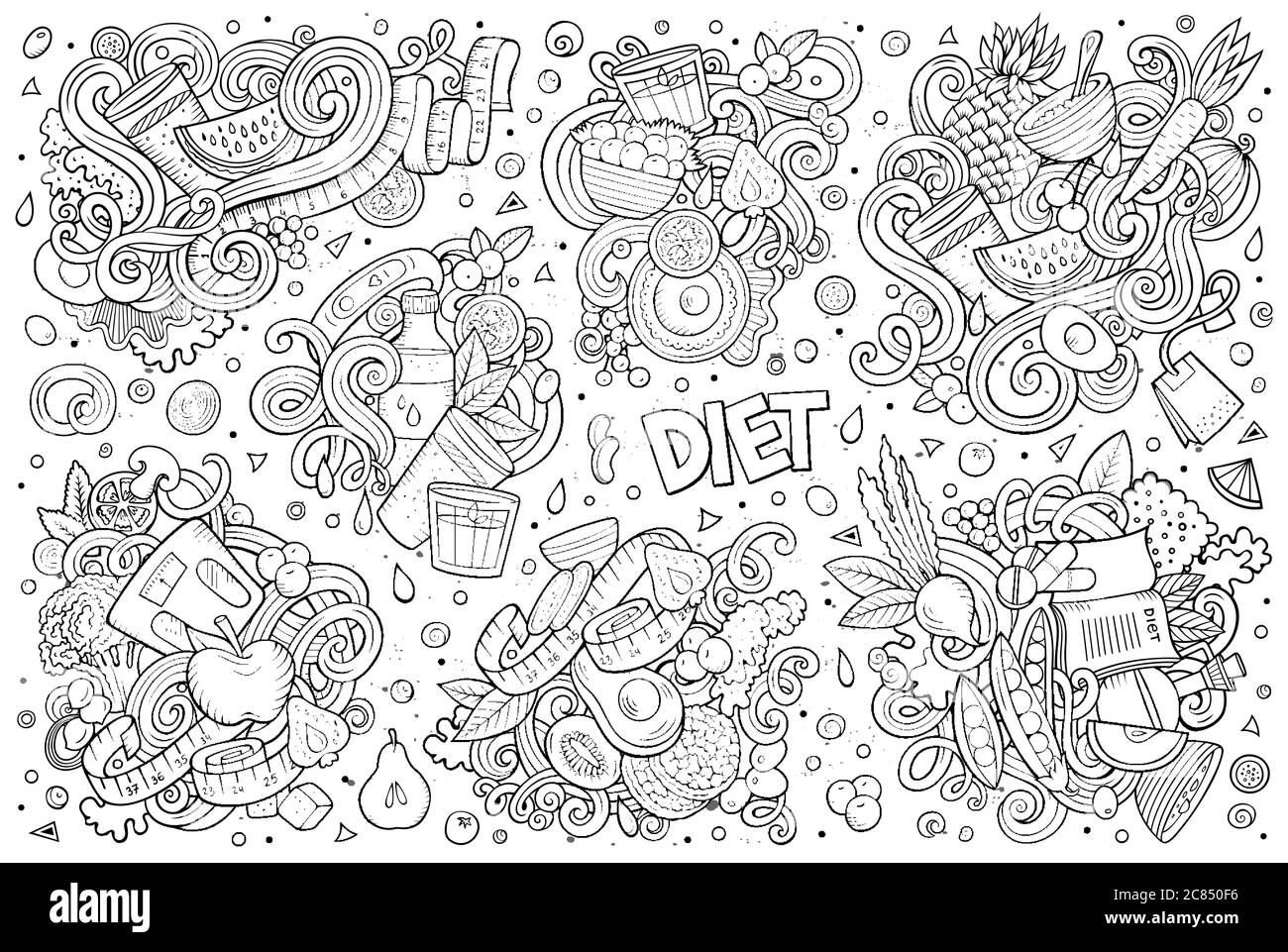 Vector doodles cartoon set of Diet food combinations of objects and ...
