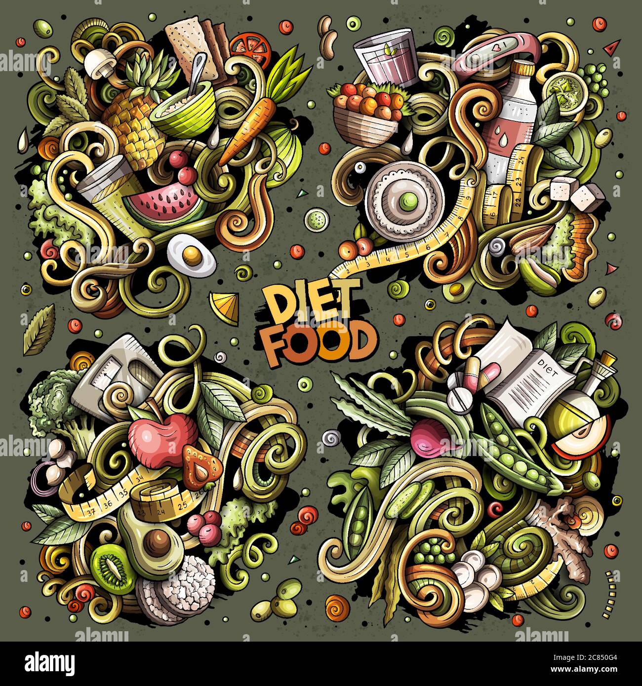 Vector doodles cartoon set of Diet food combinations of objects and ...