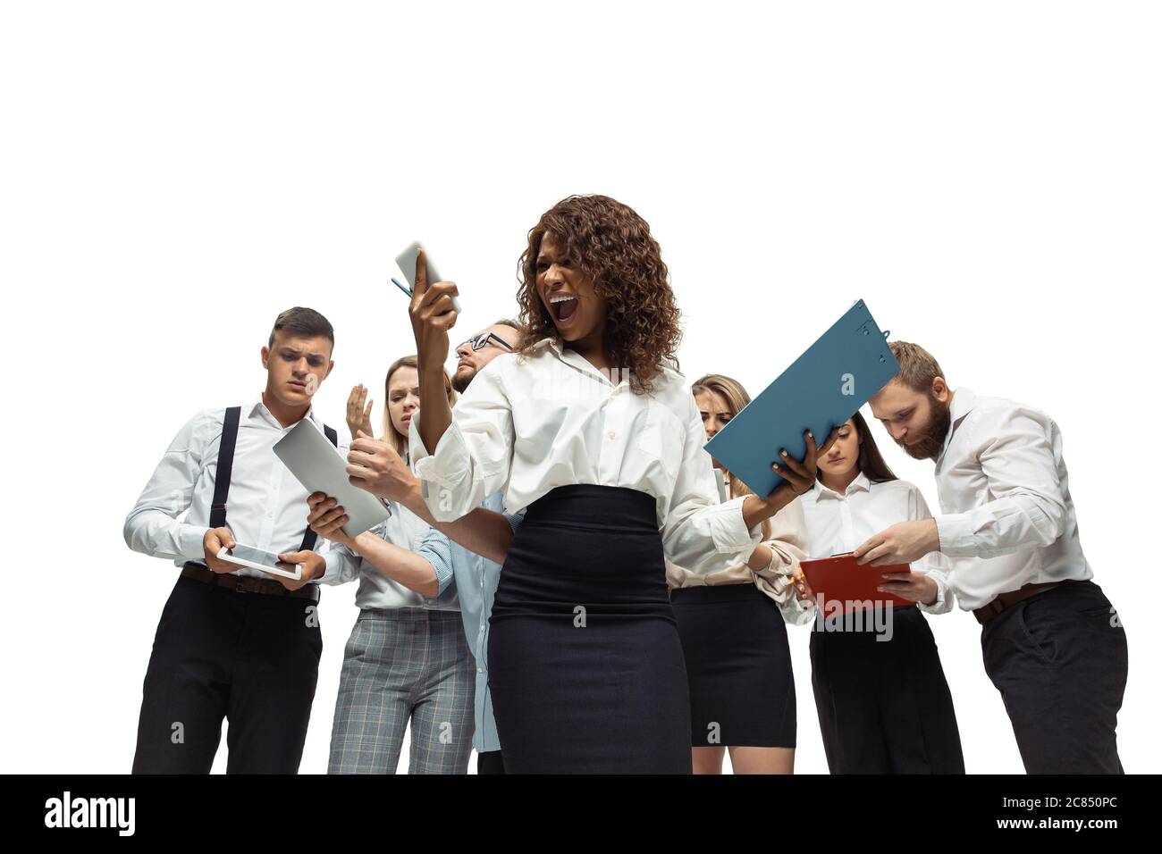 Going crazy. Nervous tensioned investors analyzing crisis stock market ...