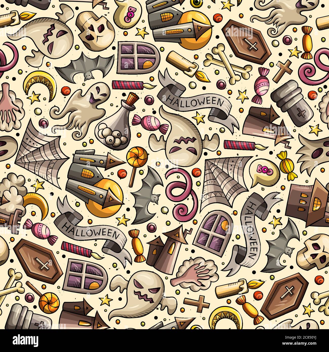 Cartoon cute hand drawn Halloween seamless pattern Stock Vector Image ...