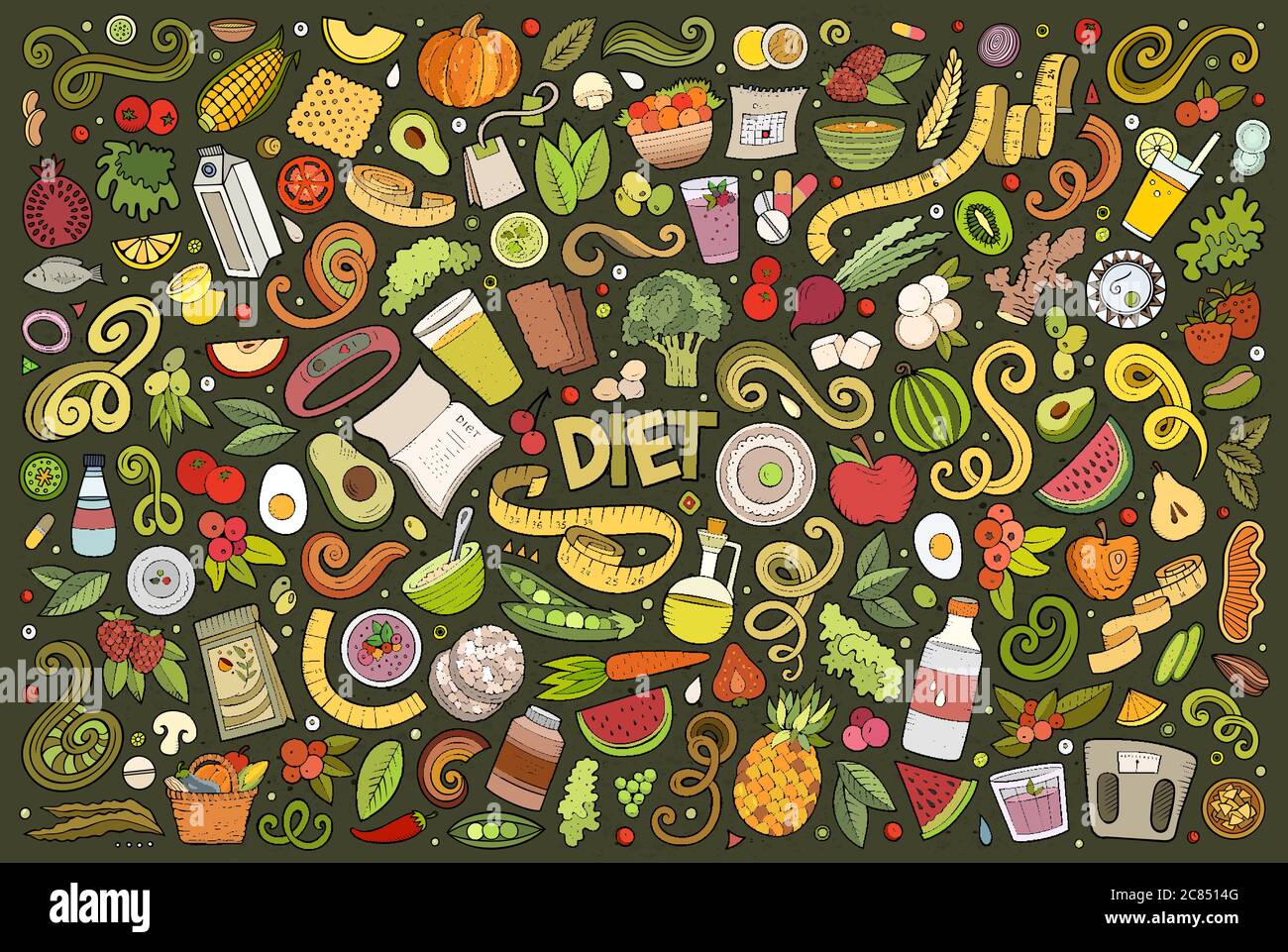 Vector doodles cartoon set of Diet food objects and elements Stock ...