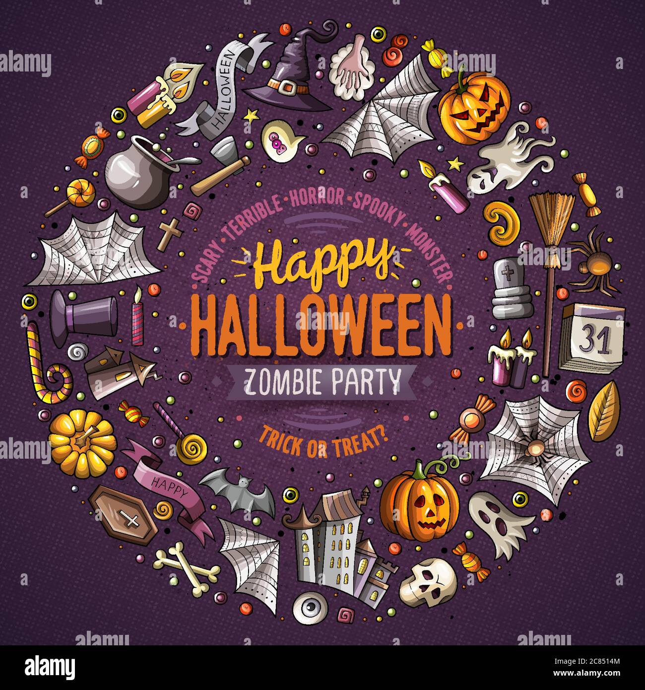 Round frame Halloween cartoon objects, symbols and items Stock Vector ...