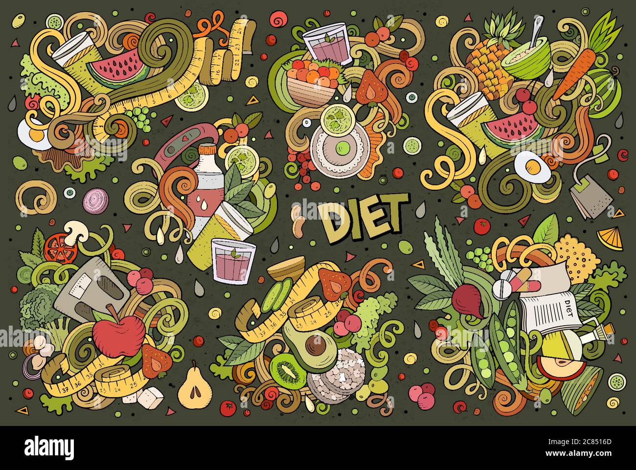 Vector doodles cartoon set of Diet food combinations of objects and ...
