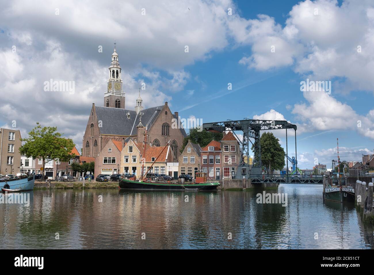 view on the Marnixkade and the Groote Kerk, Maassluis, Holland Stock ...