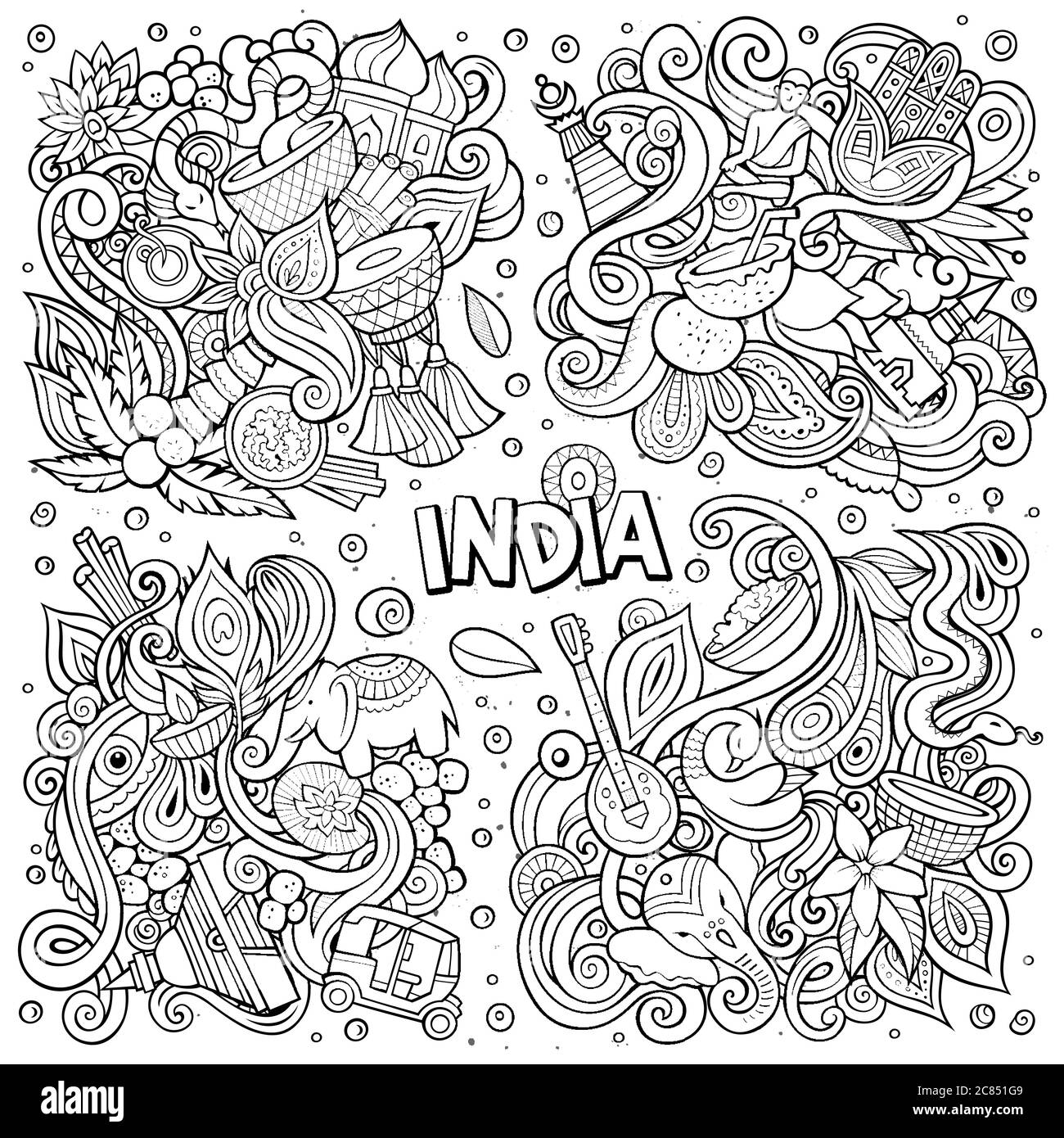 Line art vector hand drawn doodles cartoon set of India combinations of ...