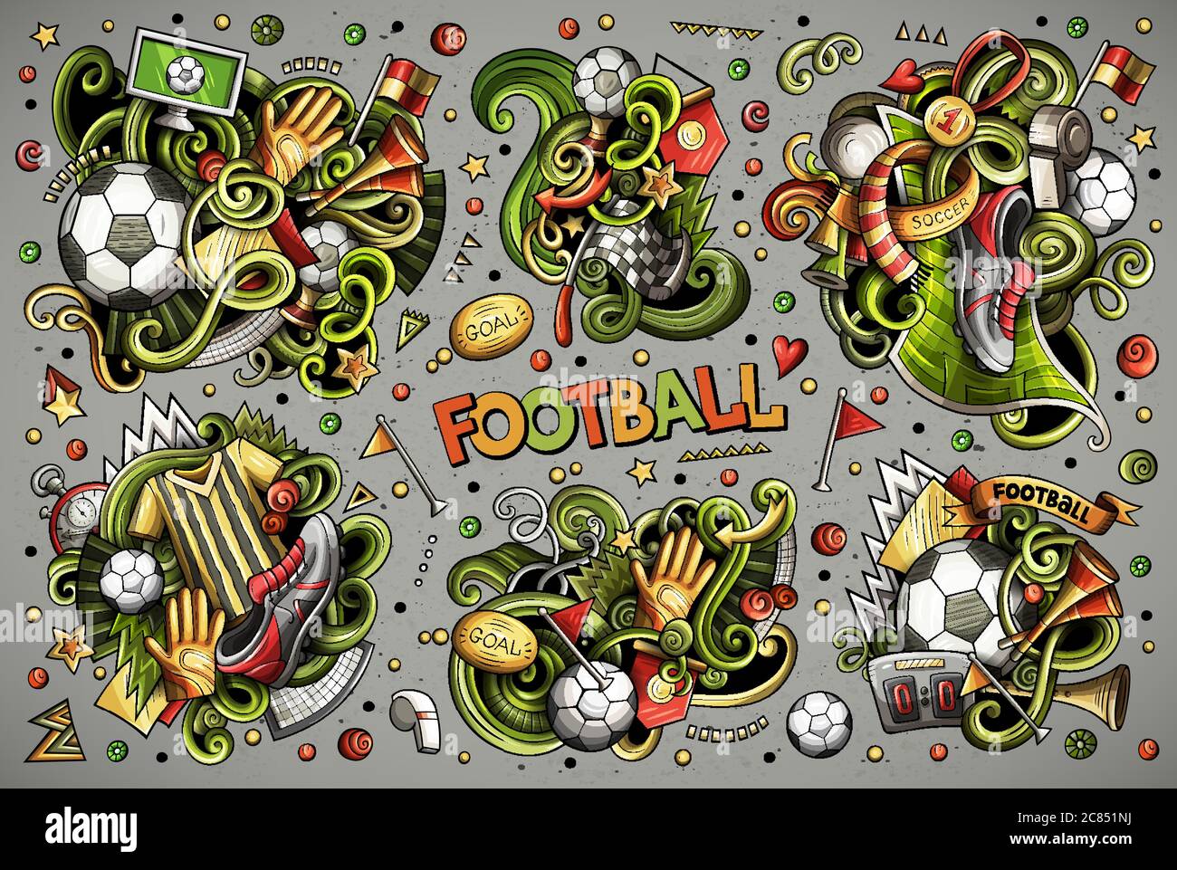 Vector doodles cartoon set of football combinations of objects Stock ...