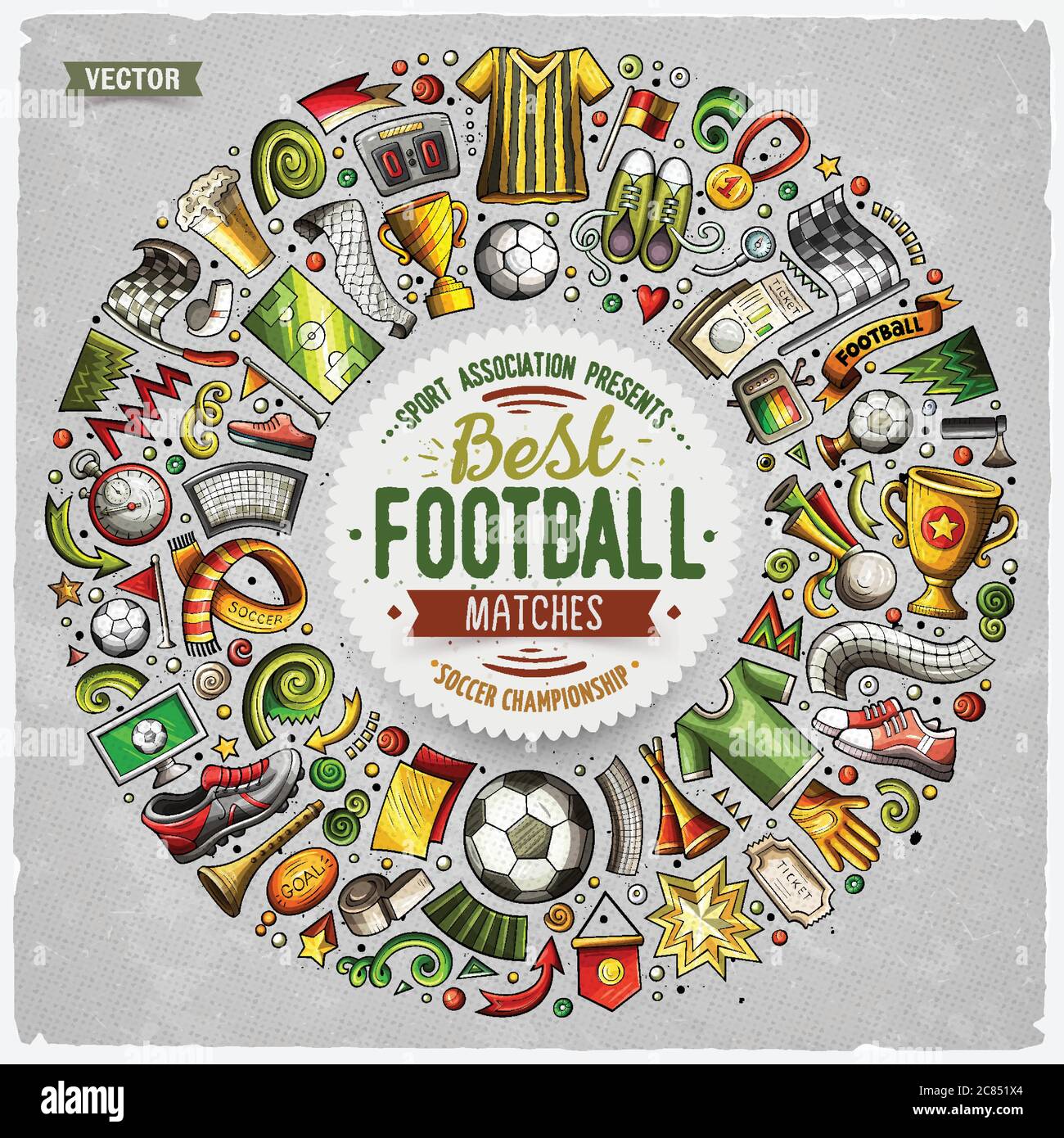 Set of vector cartoon doodle Football objects collected in a round ...