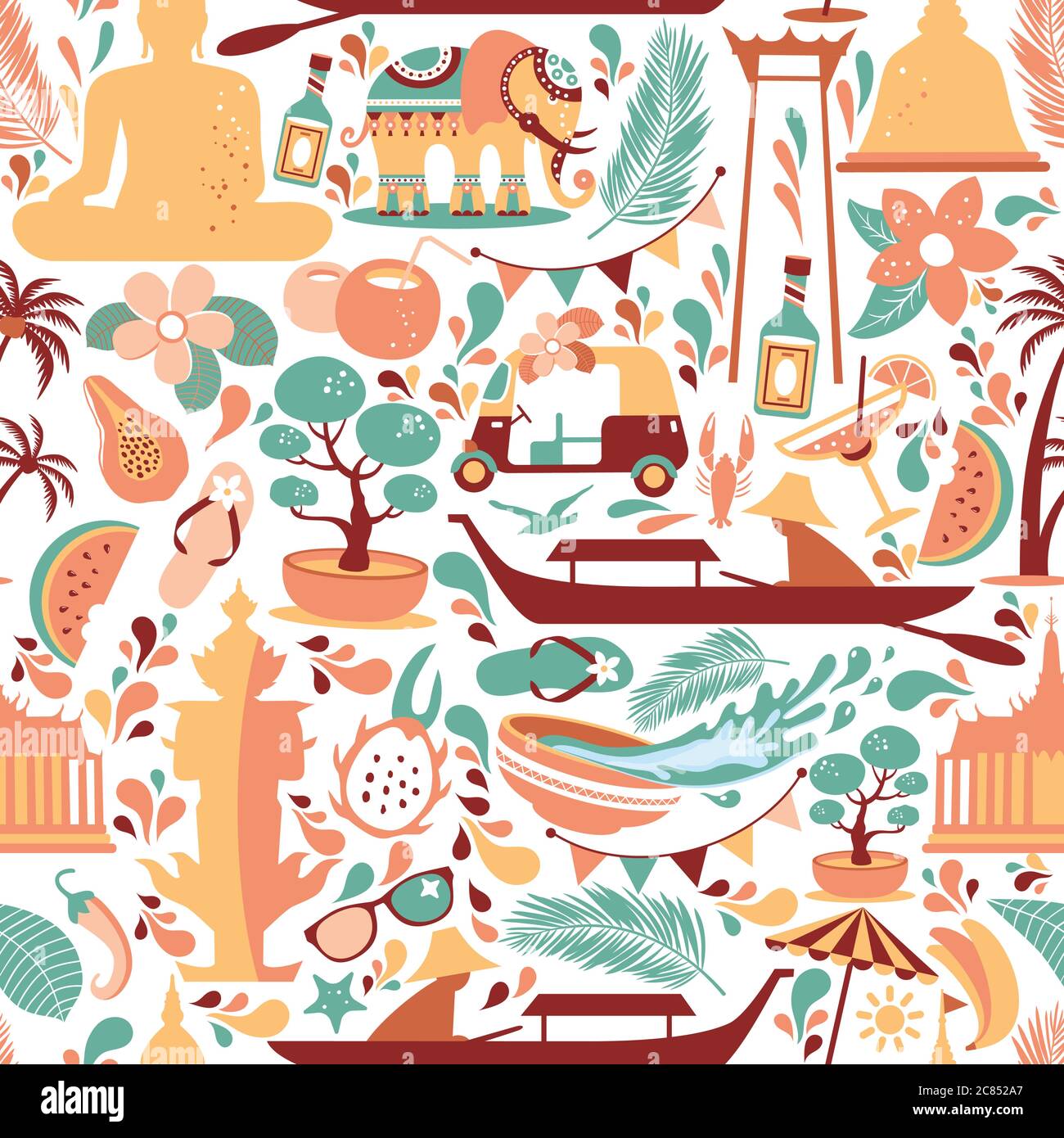 Asia Culture set of bruight icons in seamless pattern - Bangkok ...
