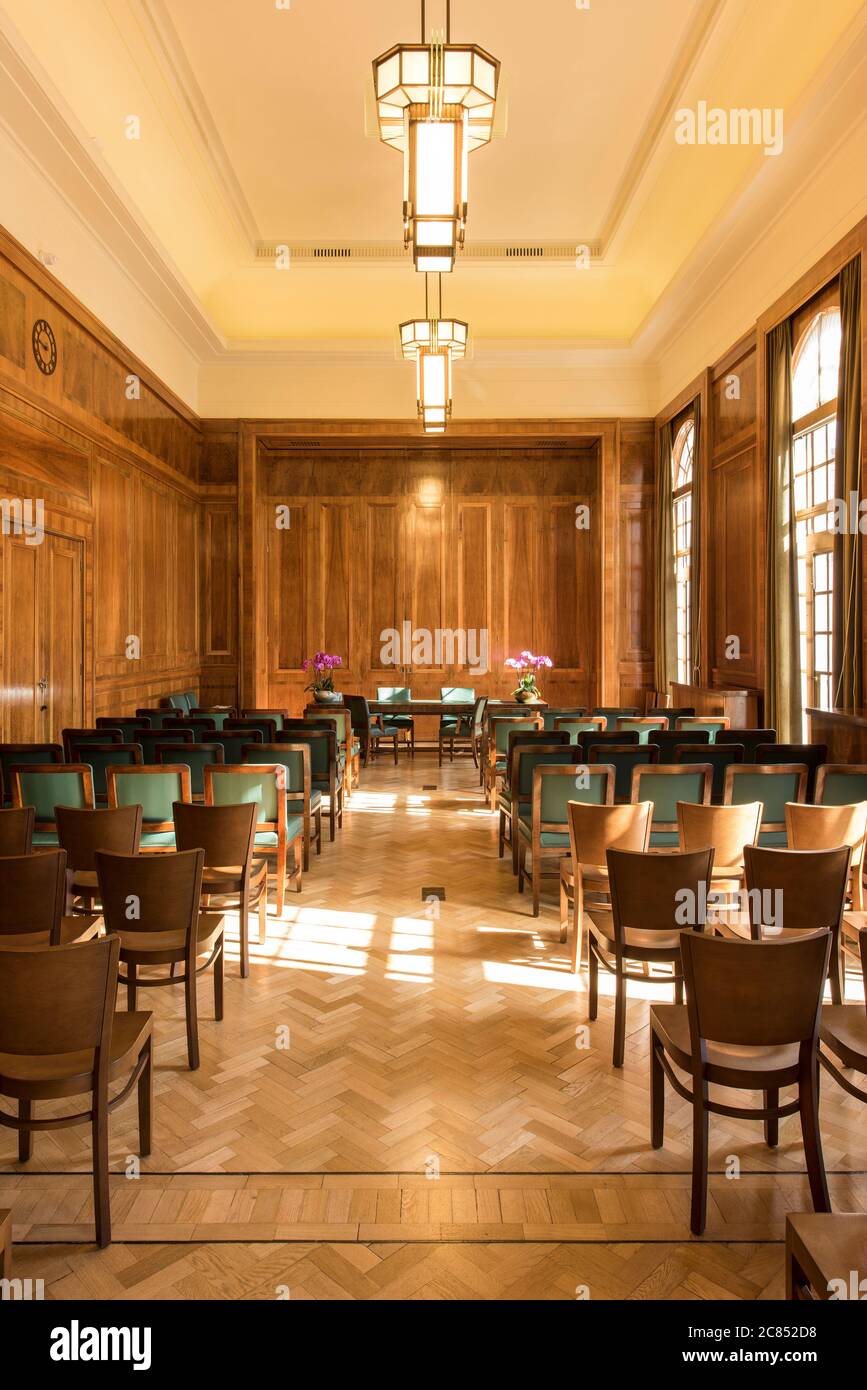 Committee room with timber panelling. Hackney Town Hall, London, United ...