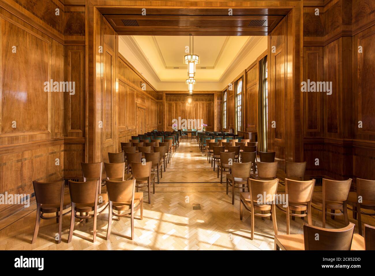 Committee room with timber panelling. Hackney Town Hall, London, United ...