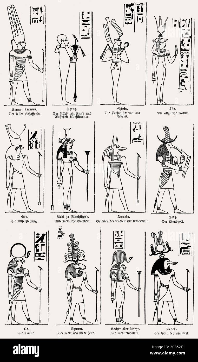 Ancient Egyptian deities, drawing from the 19th century Stock Photo - Alamy