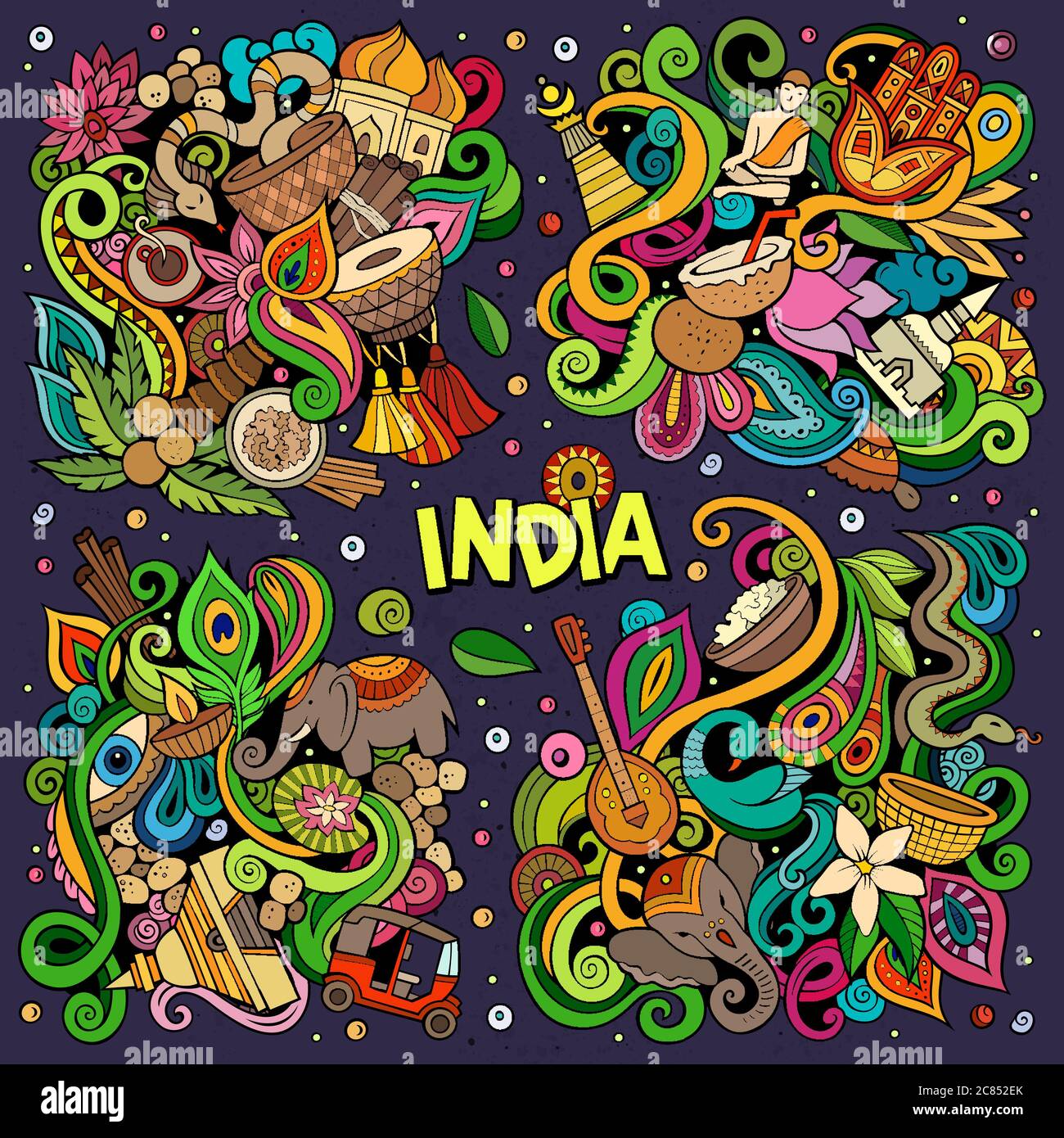 Colorful vector hand drawn doodles cartoon set of India combinations of ...