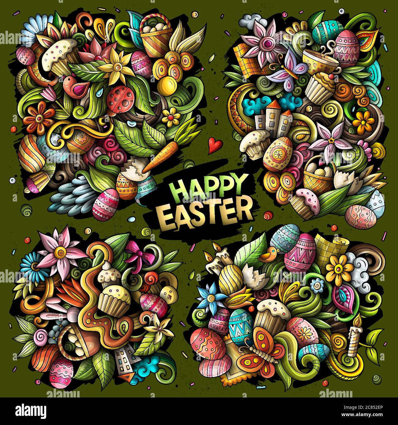 Vector doodles cartoon set of Happy Easter combinations of objects ...