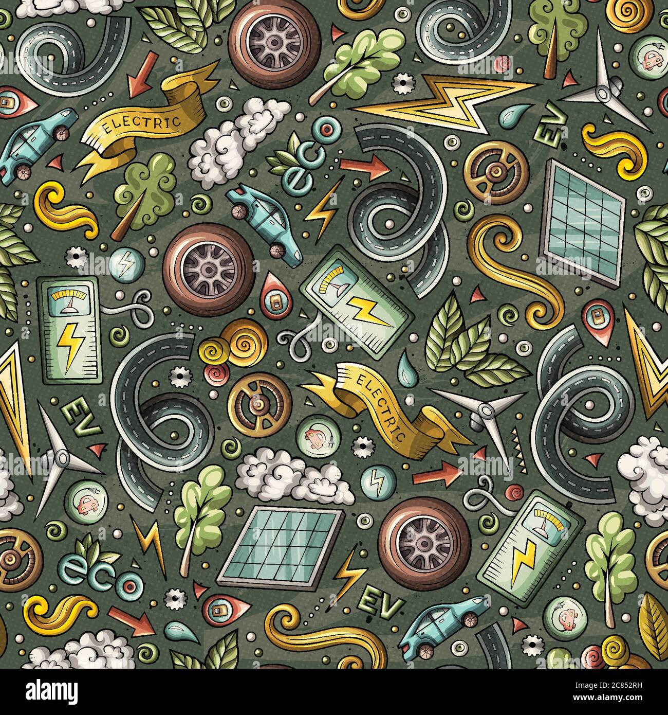 Cartoon cute hand drawn electric automotive seamless pattern Stock ...