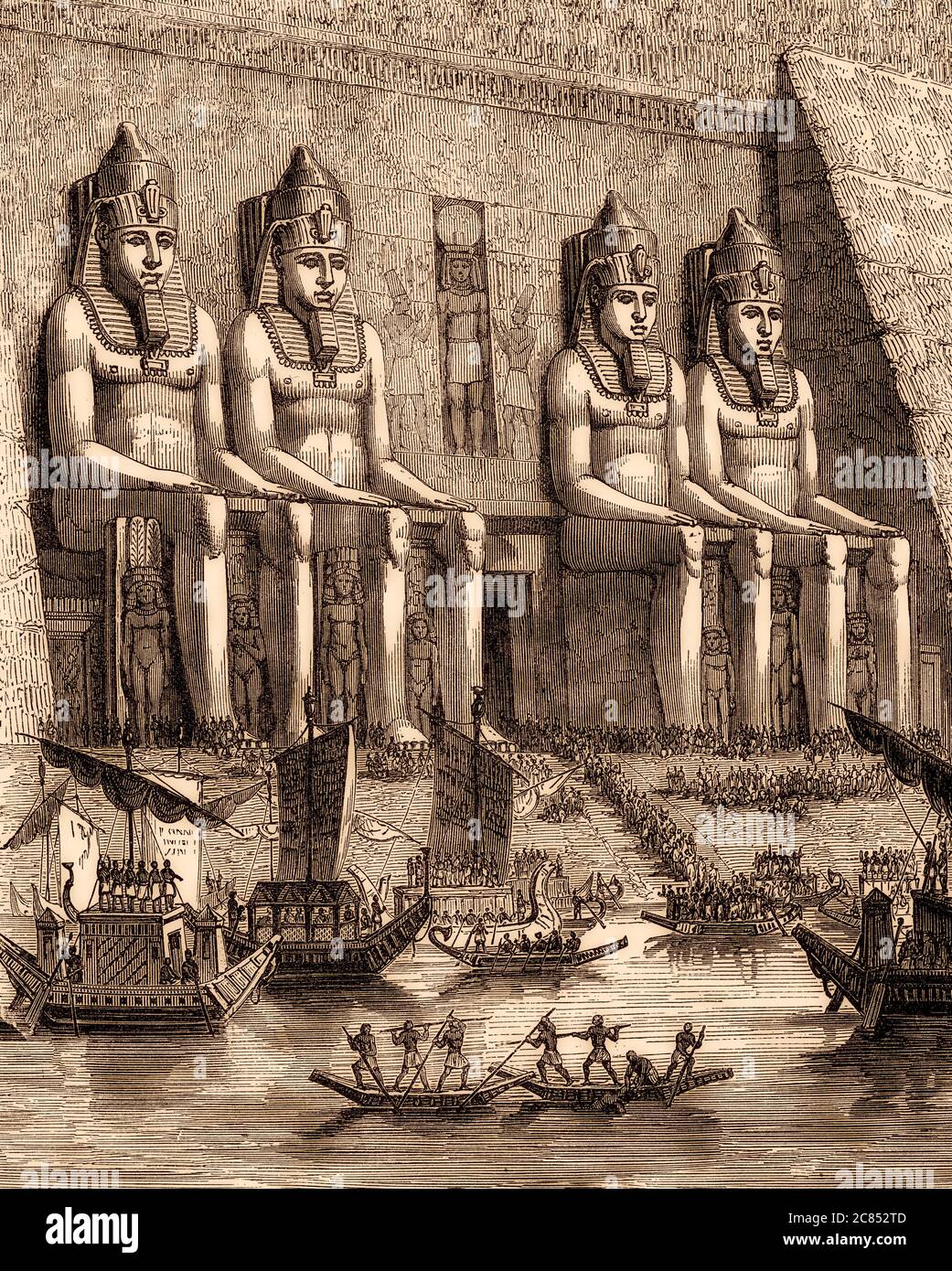Ancient Egyptian ships, Abu Simbel temple, drawing from the 19th ...
