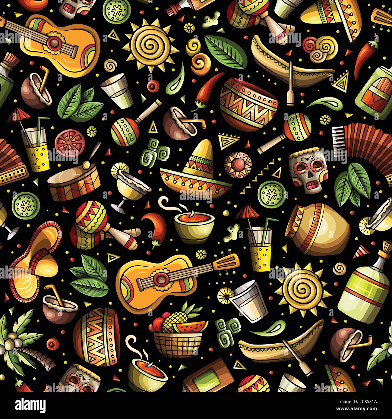 Cartoon hand-drawn latin american, mexican seamless pattern Stock ...