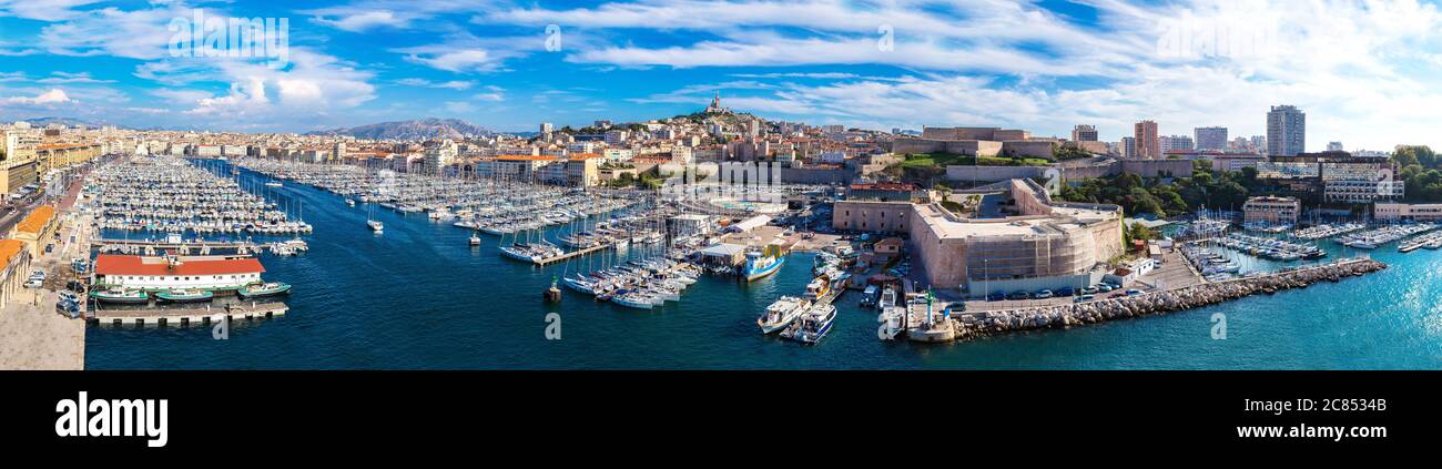 Aerial panoramic view on basilica of Notre Dame de la Garde and old ...
