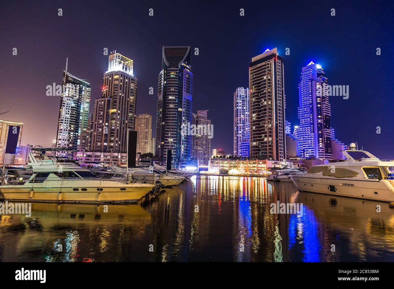 Dubai downtown night scene with city lights, luxury new high tech town ...