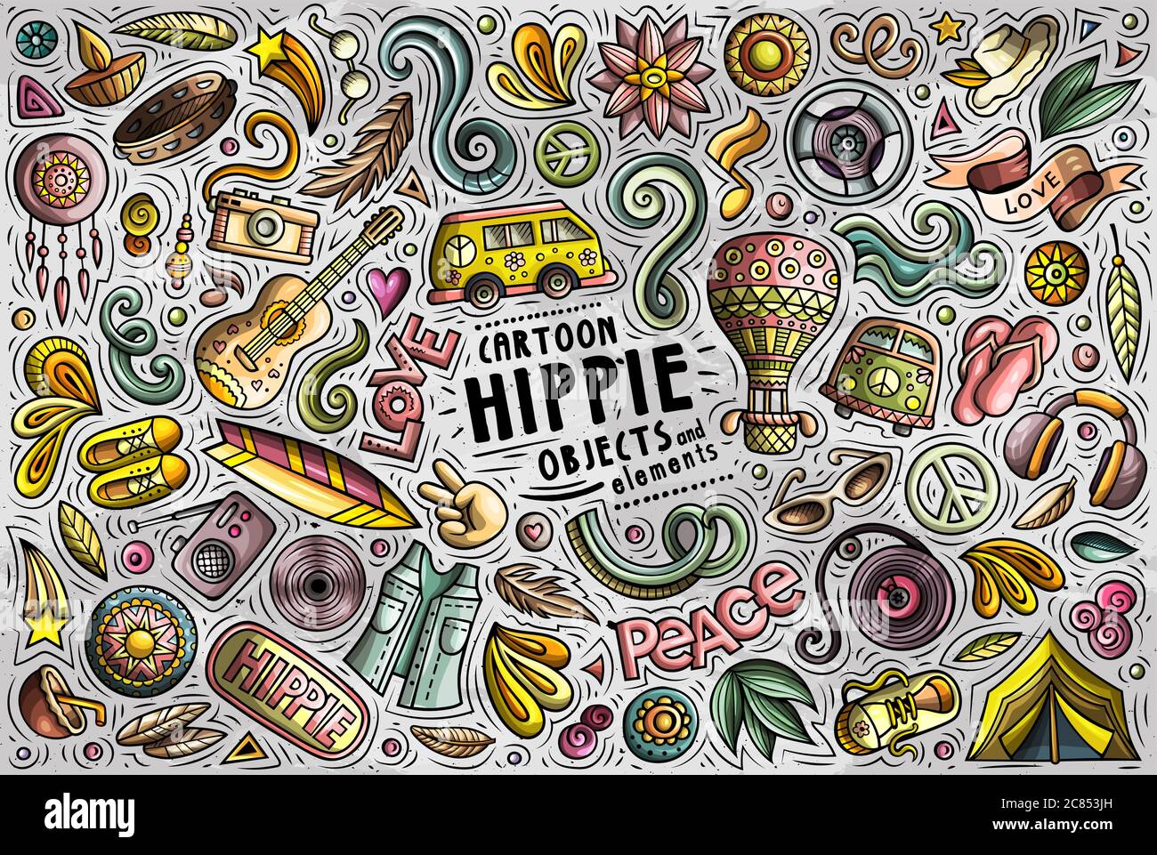 Vector set of Hippie theme items, objects and symbols Stock Vector ...