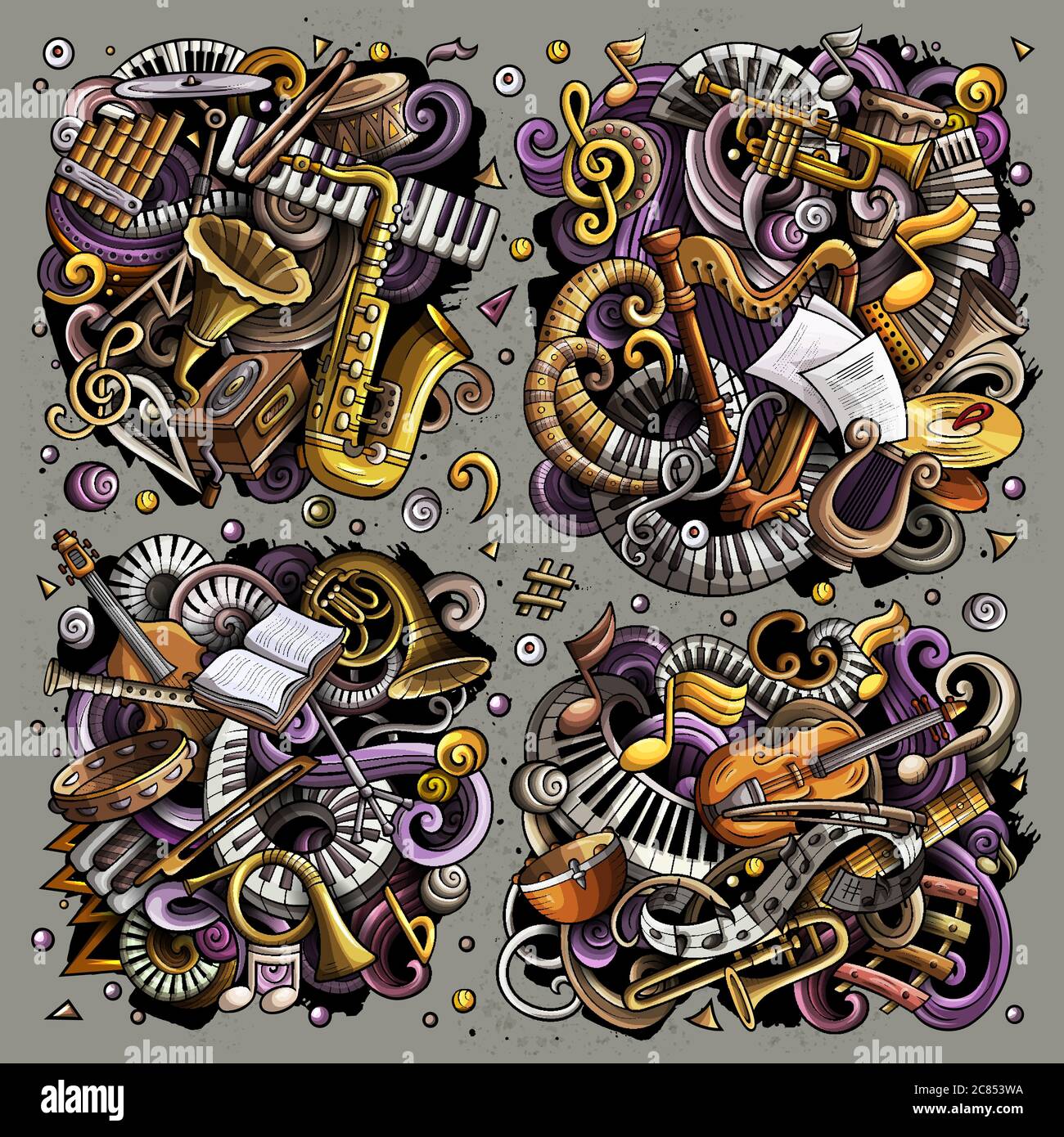 Colorful vector doodles cartoon set of classical musical instruments ...