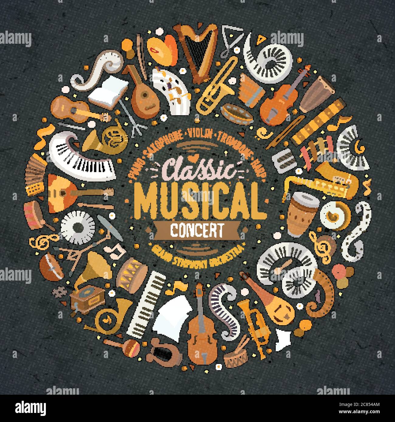 Set of vector cartoon doodle classic musical instruments and objects ...