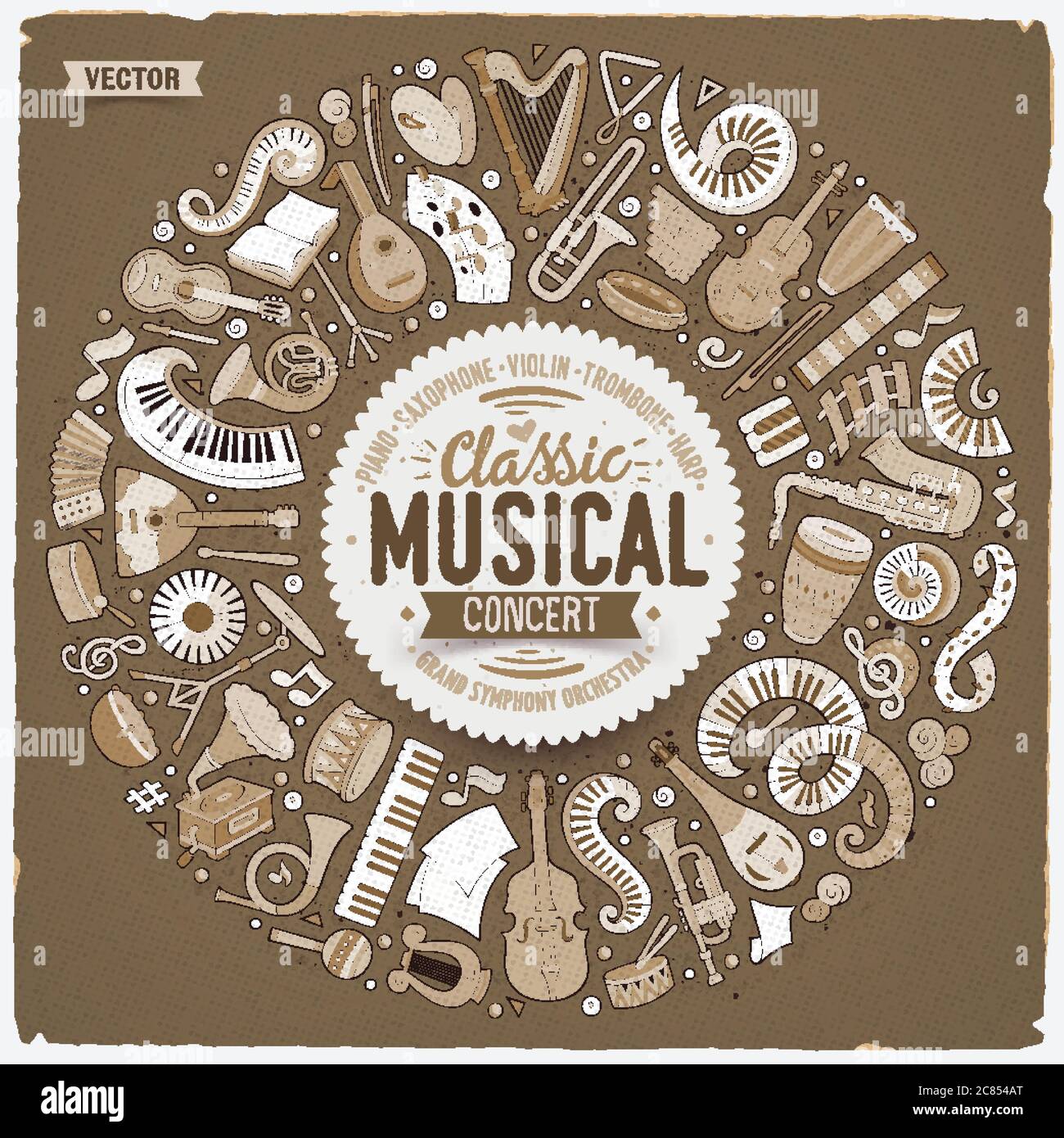 Set of vector cartoon doodle classic musical instruments and objects ...