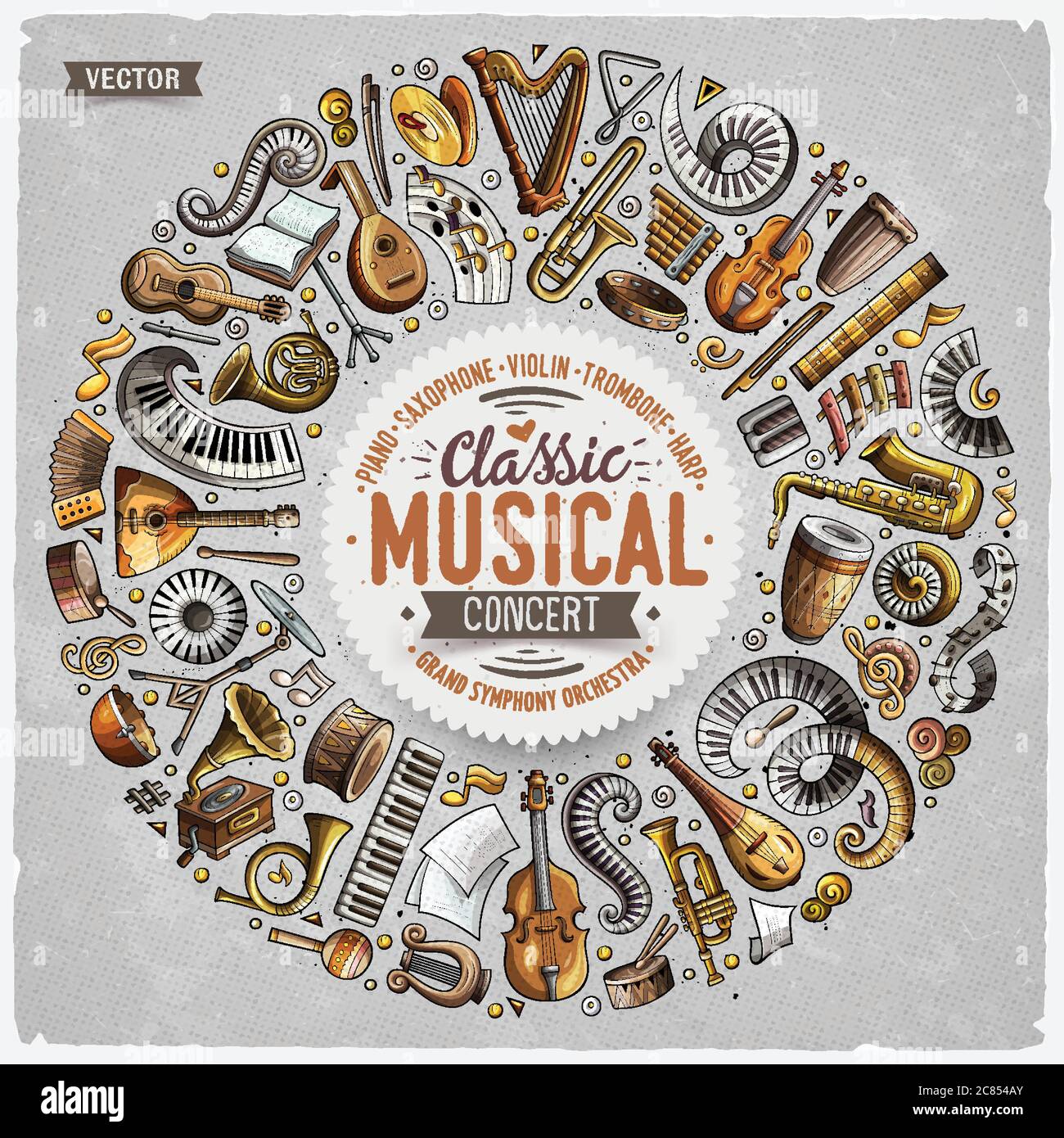Set of vector cartoon doodle classic musical instruments and objects ...