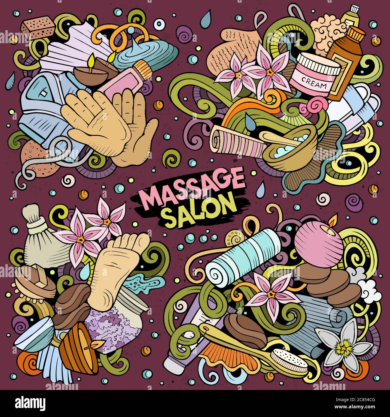 Colorful vector hand drawn doodles cartoon set of Massage combinations ...