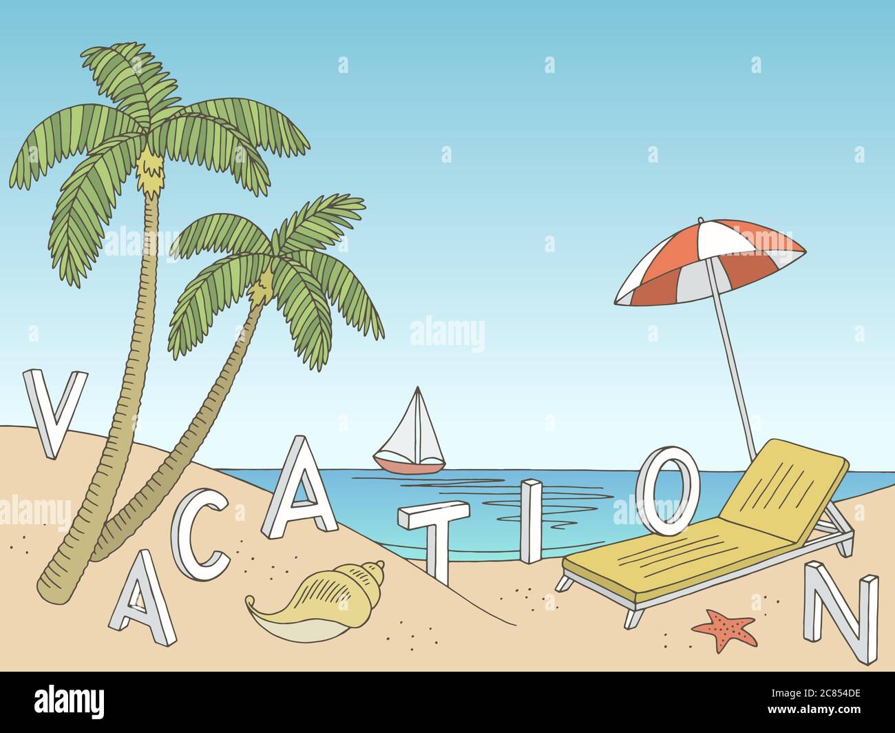 Sea coast beach graphic color landscape sketch illustration vector ...