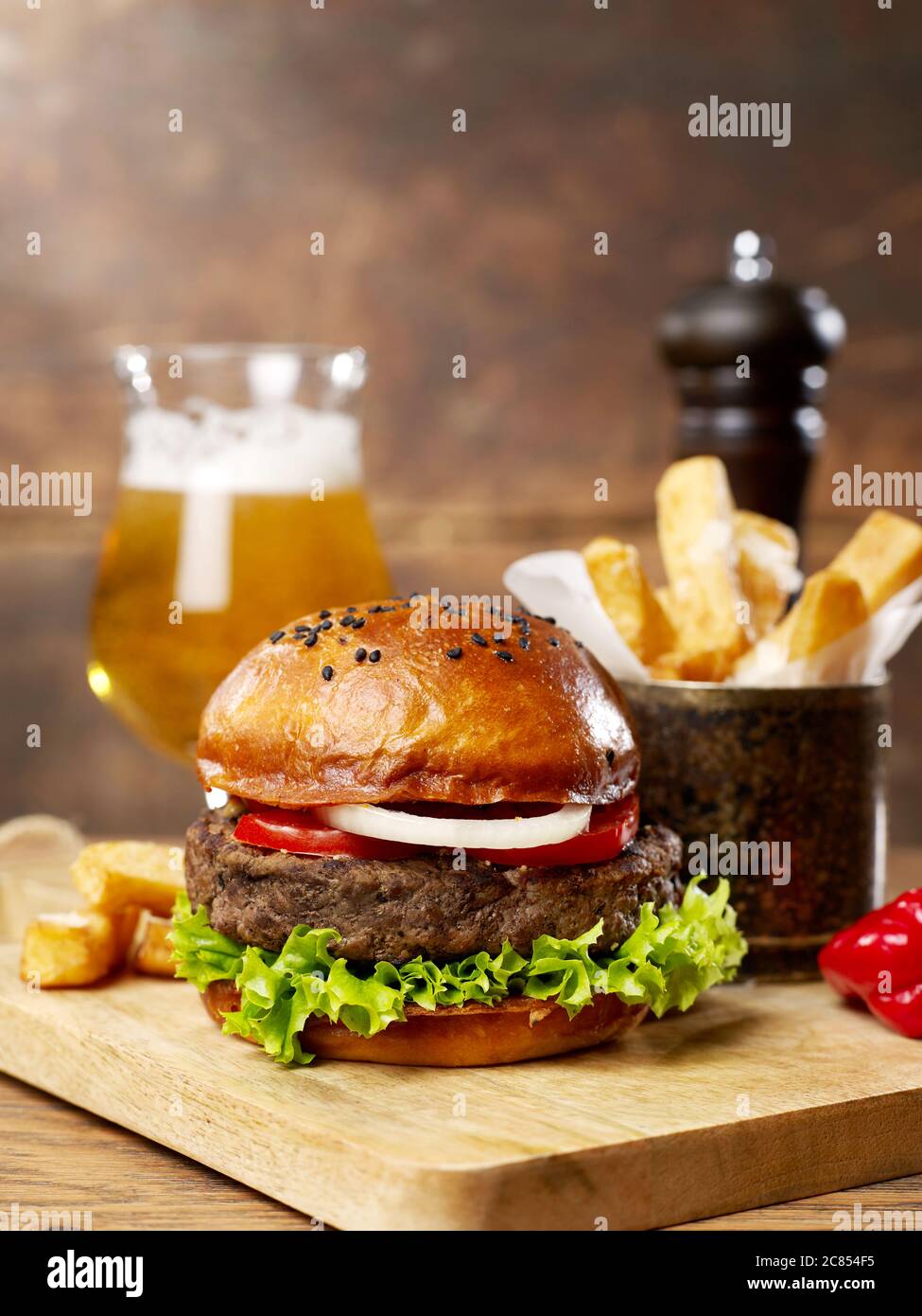 Burger menu with beer Stock Photo - Alamy