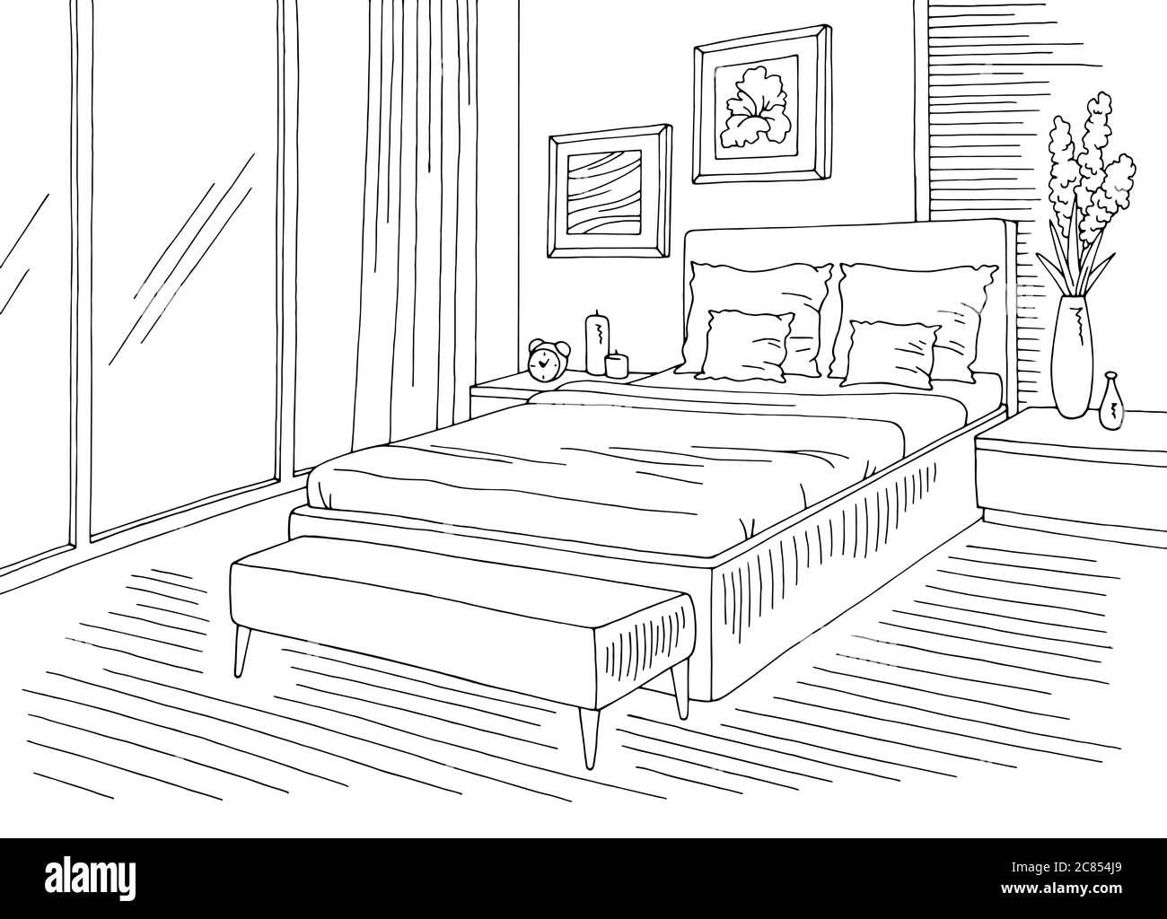 Bedroom graphic black white home interior sketch illustration vector ...