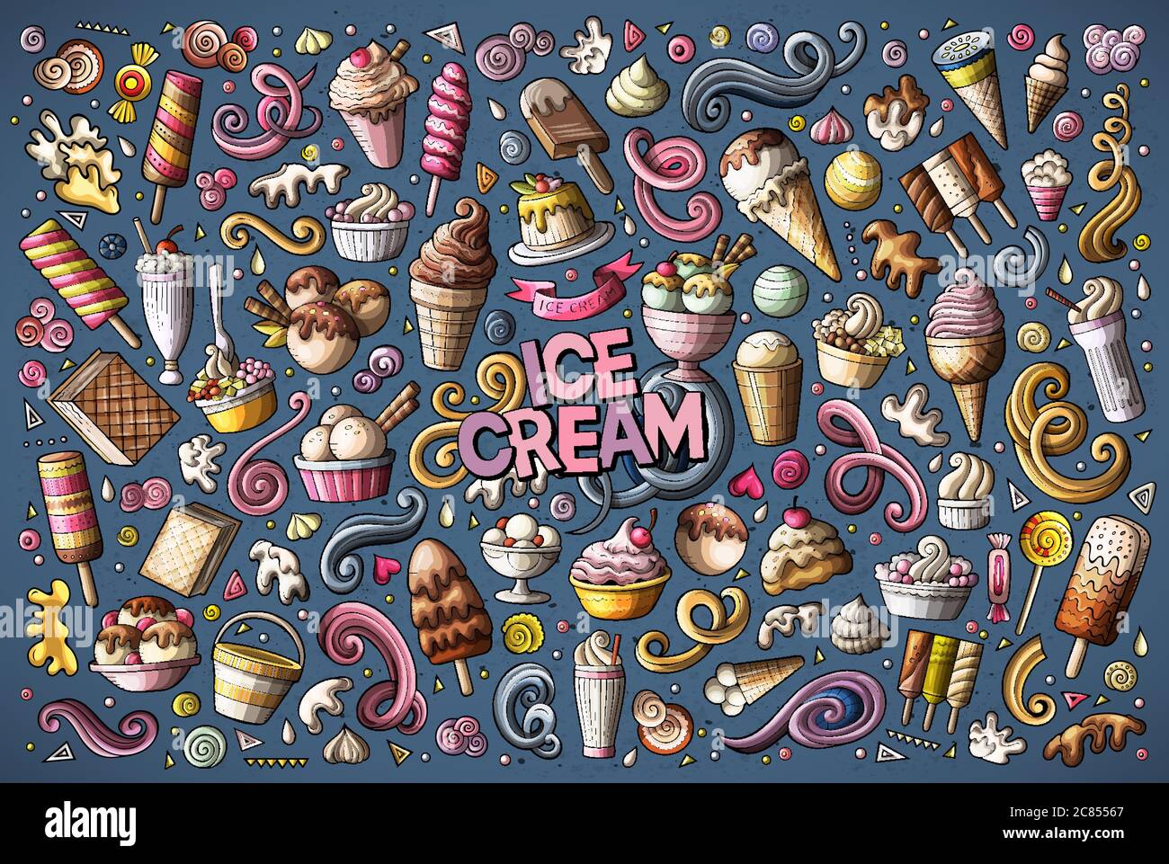 Colorful vector doodle cartoon set of ice-cream objects Stock Vector ...