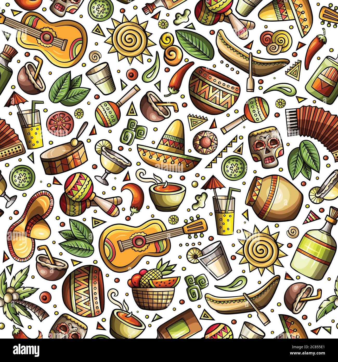 Cartoon hand-drawn latin american, mexican seamless pattern Stock ...