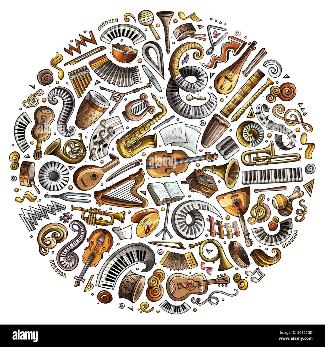 Set of vector cartoon doodle classic musical instruments and objects ...