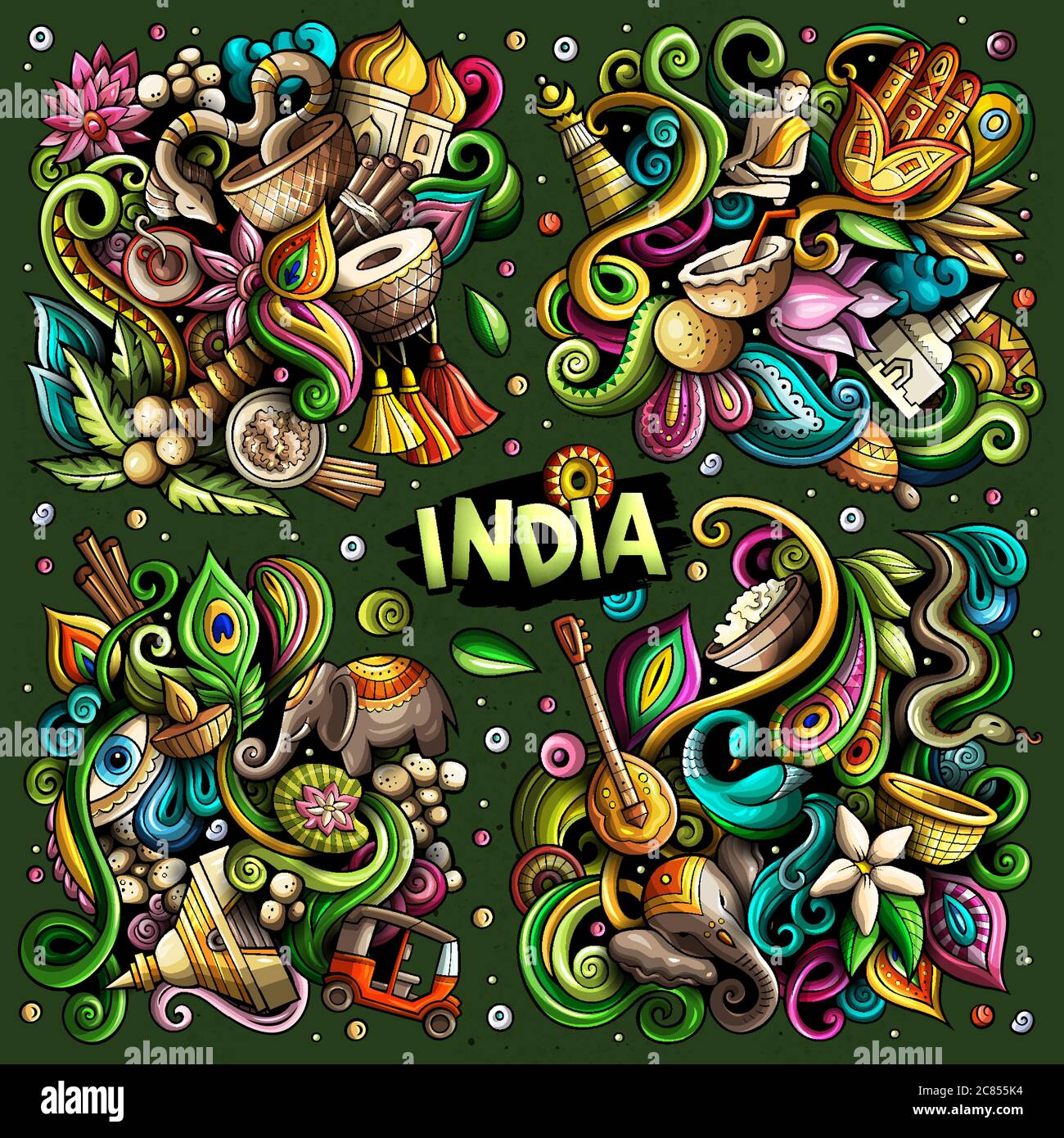 Colorful vector hand drawn doodles cartoon set of India combinations ...