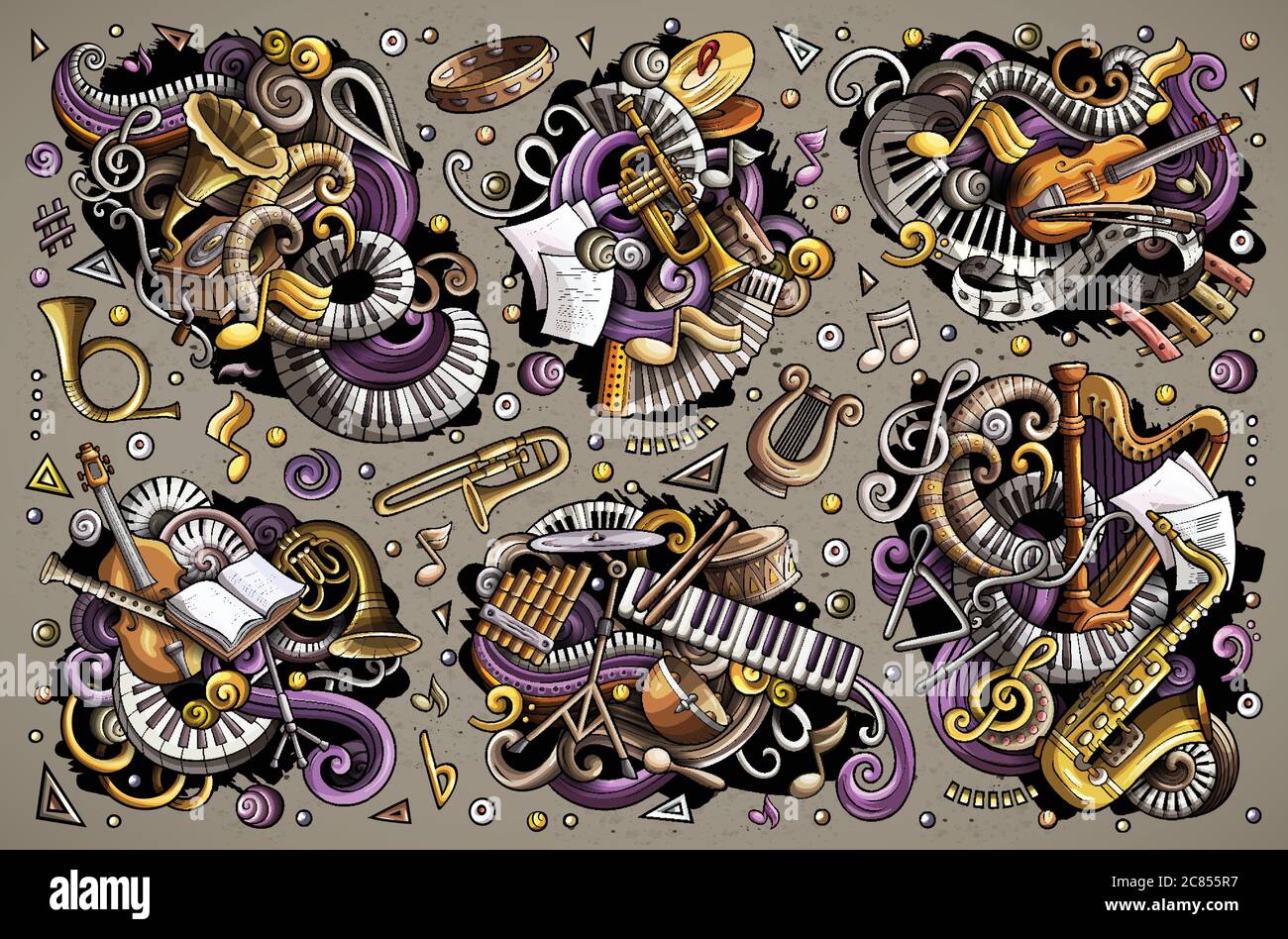 Colorful vector doodles cartoon set of classical musical instruments ...